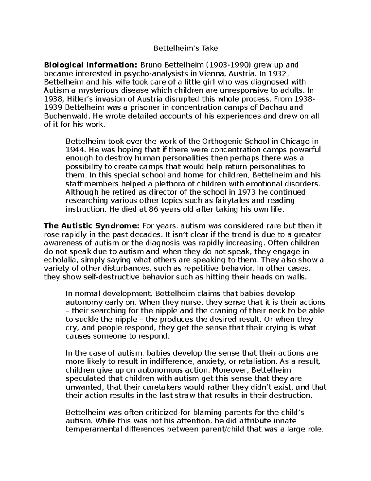 Bettelheim's Take - Summary How English Works - Take Biological ...