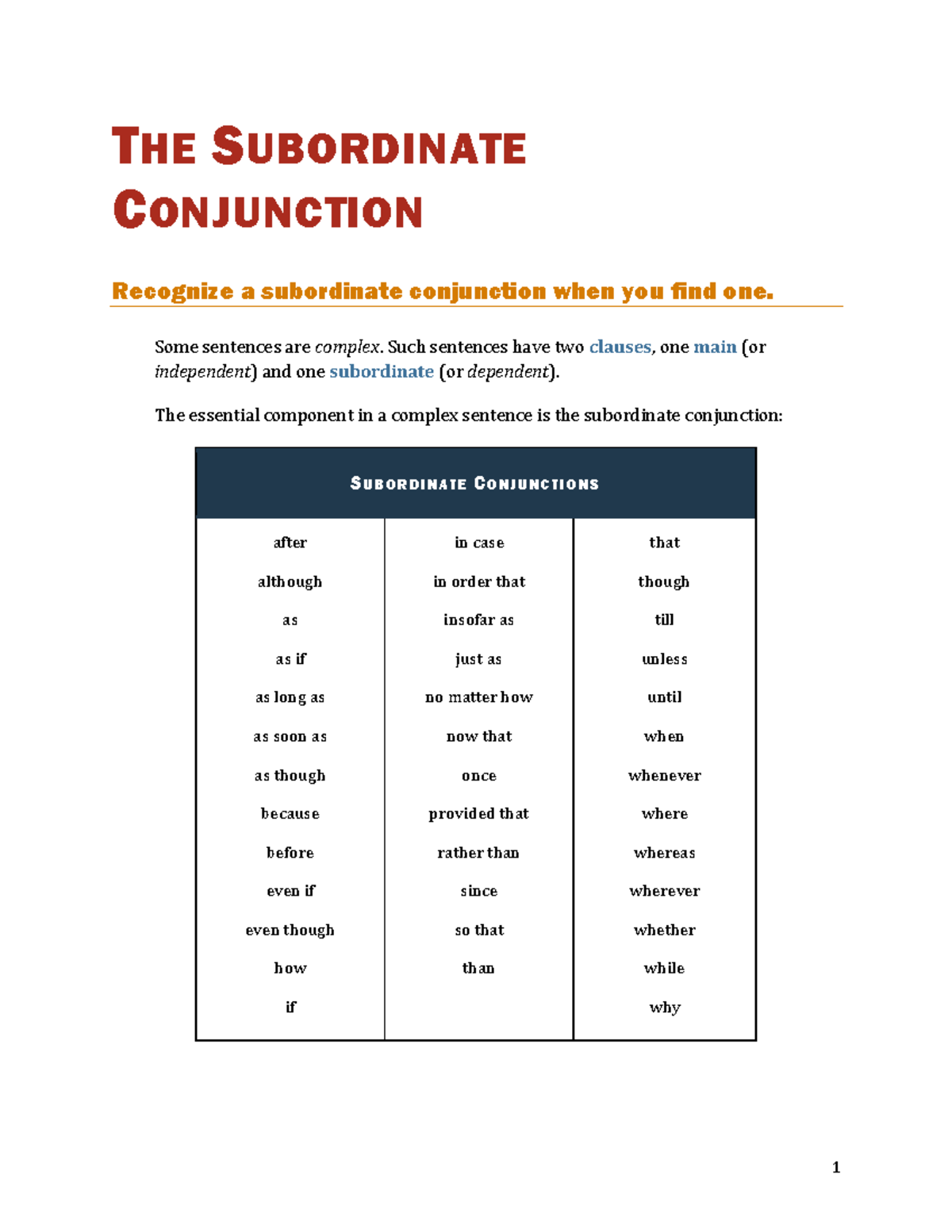 Subordinateconjunction - 1 THE SUBORDINATE CONJUNCTION Recognize a ...