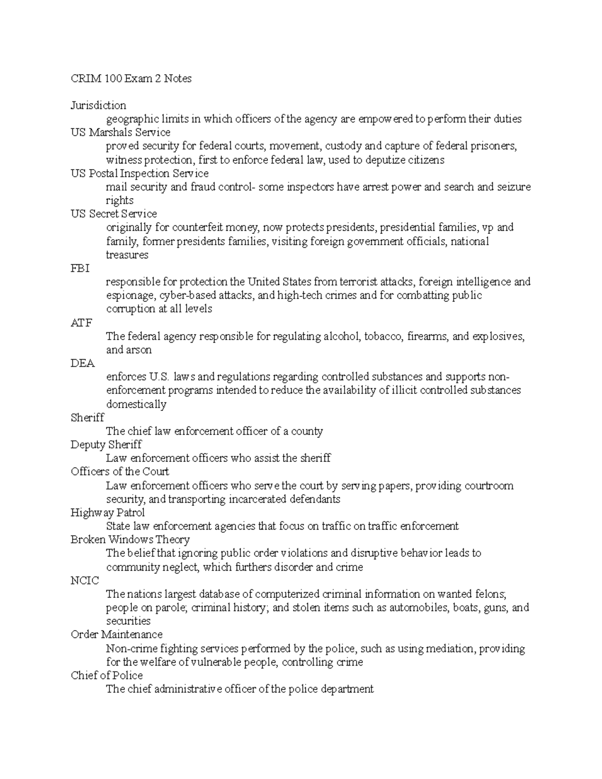 CRIM 100 Exam 2 Notes - Brian Baker TR 4:35pm - 5:50pm - CRIM 100 Exam ...