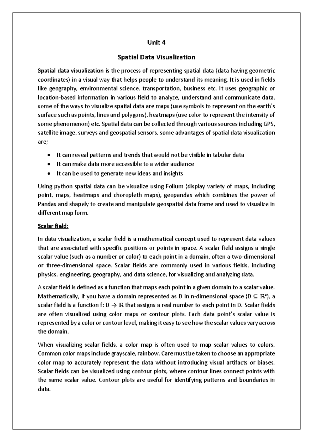 Unit-4-DV - unit 4 - Unit 4 Spatial Data Visualization Spatial data visualization is the process ...