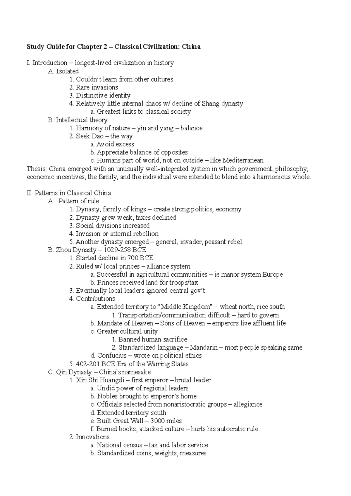 Study Guide for Chapter 2 – Classical Civilization- China - Study Guide ...