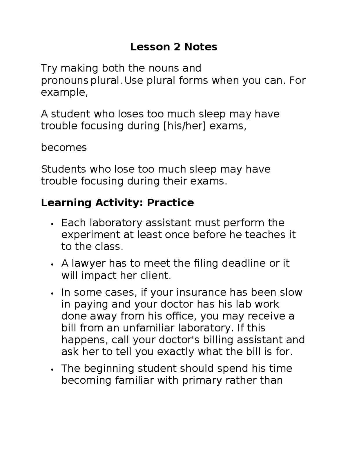 Lesson 2 notes - Lesson 2 Notes Try making both the nouns and pronouns ...
