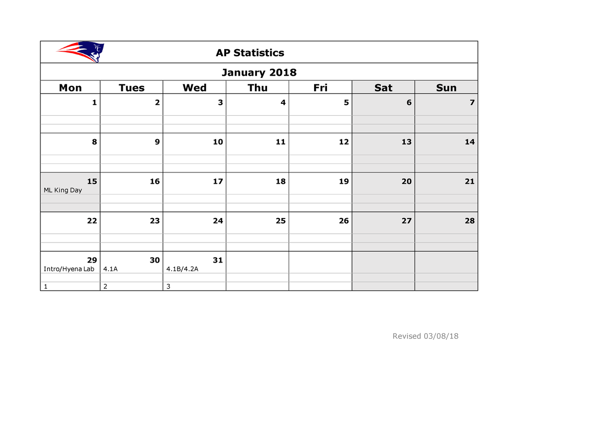 Ap calendar 2018 030818 - January 2018 Mon Tues Wed Thu Fri Sat Sun 1 2 ...