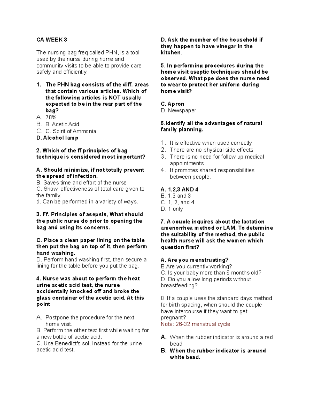CHN practice questionnaires - CA WEEK 3 The nursing bag freq called PHN ...