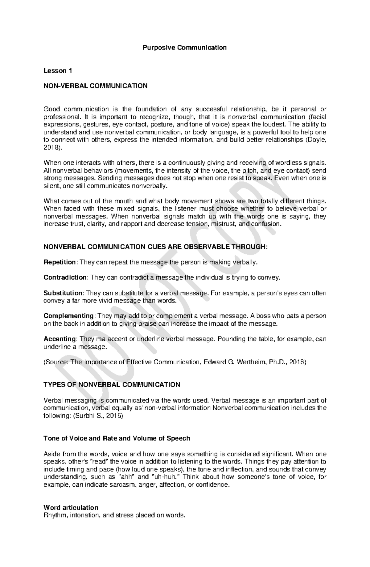 PurComm Lesson 1 - Purposive Communication Lesson 1 NON-VERBAL COMMUNICATION Good communication ...