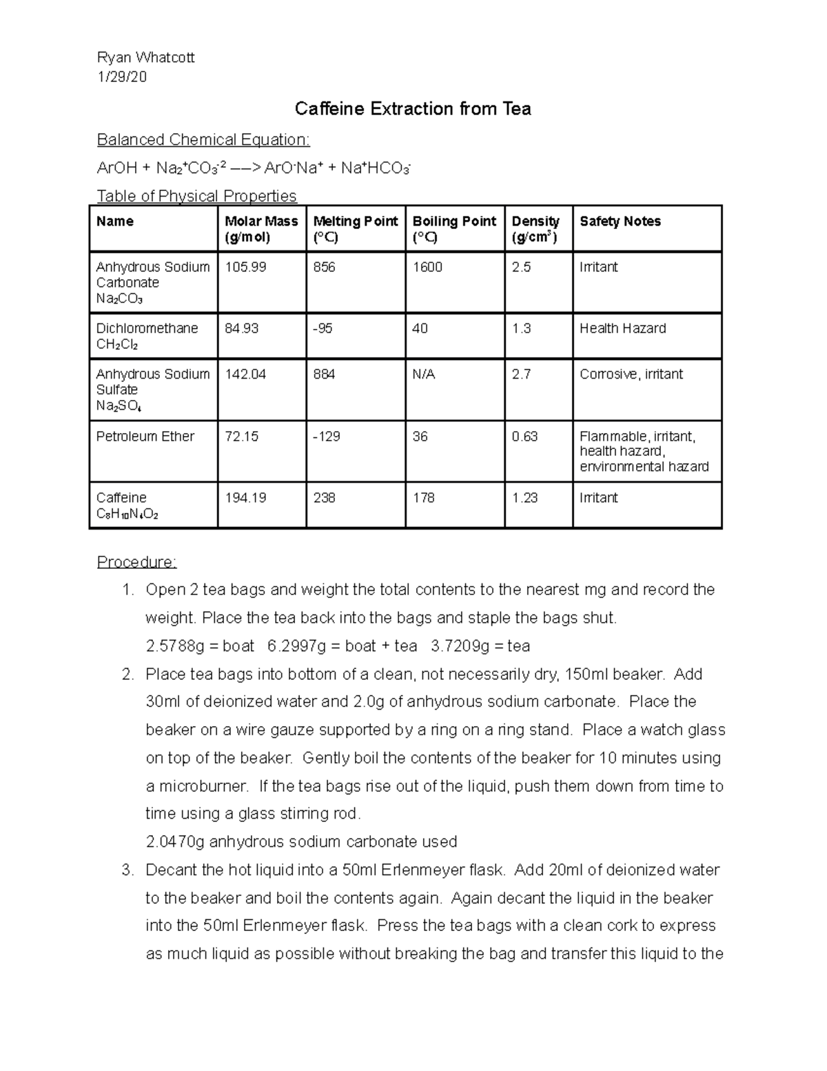 Copy of Lab 1 Caffeine Extraction from Tea - 1/29/ Caffeine Extraction ...