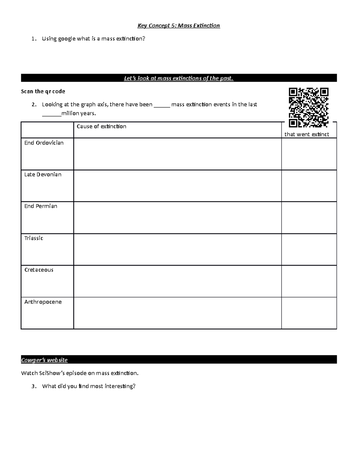 Cowger Mass Extinction Webquest - Key Concept 5: Mass Extinction Using ...