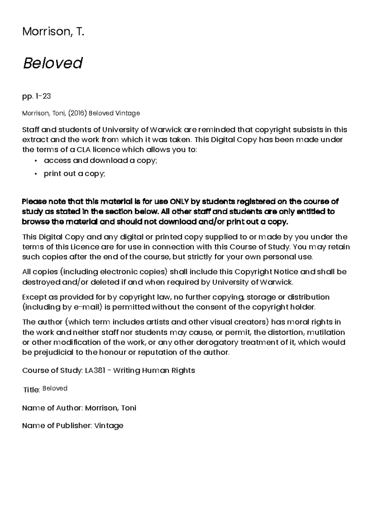 Beloved extract book by toni morrison - Morrison, T. Beloved pp. 1 ...