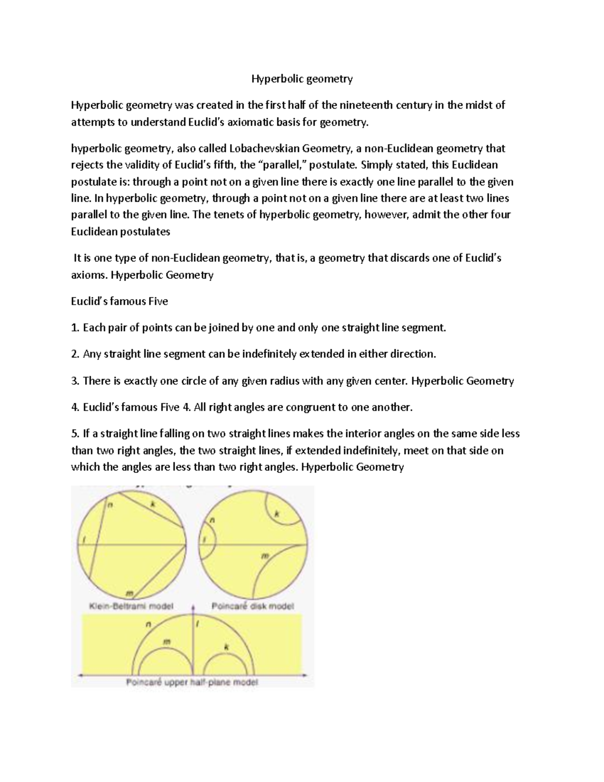 Hyperbolic geometry - Hyperbolic geometry Hyperbolic geometry was ...