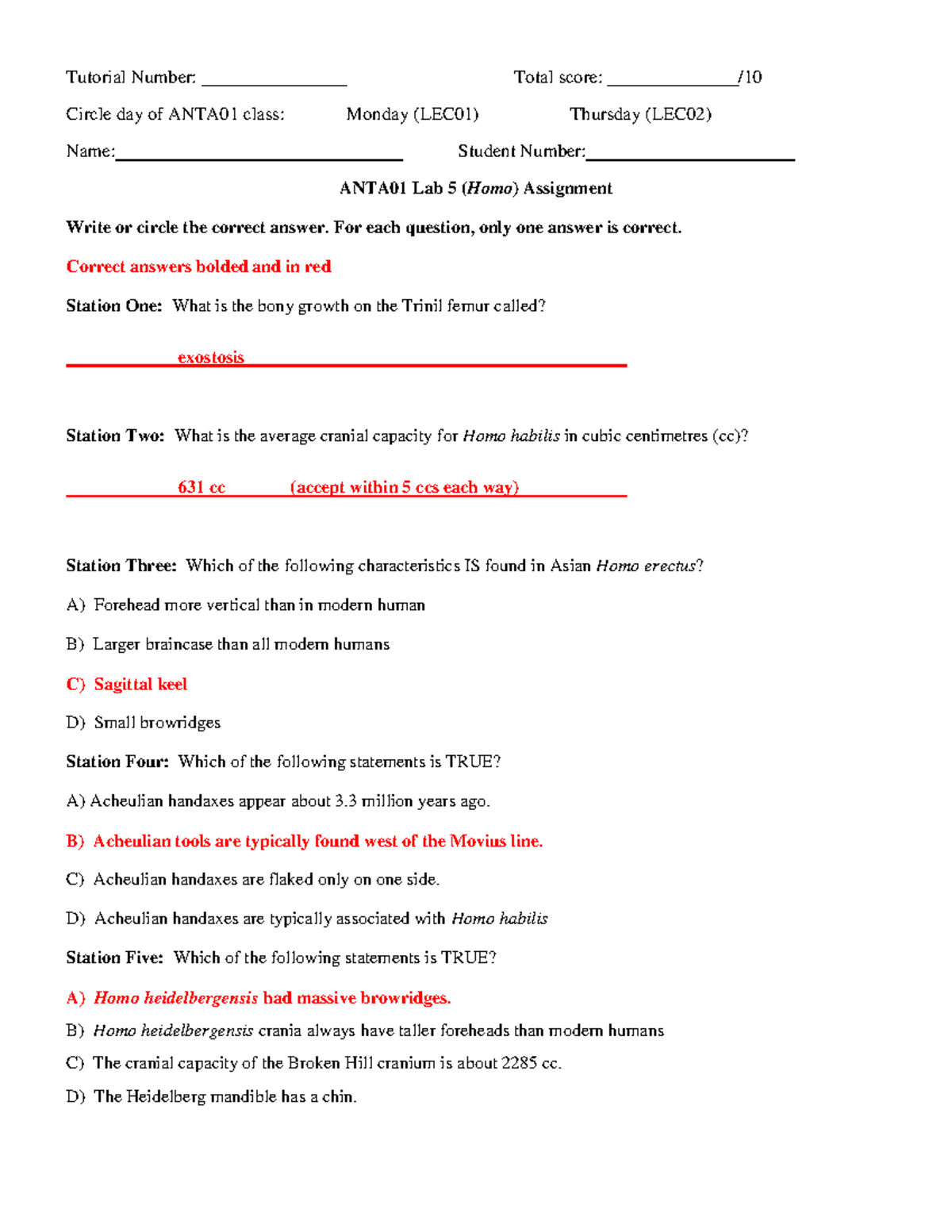 Lab 5 assignment Key 2019 - Tutorial Number: Total score: / Circle day ...
