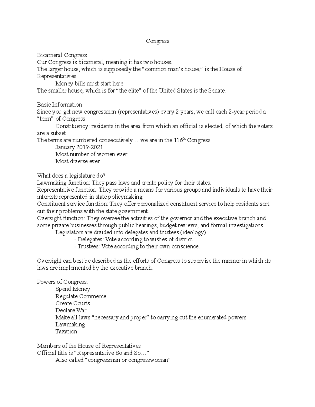 Congress - Lecture notes 9 - Congress Bicameral Congress Our Congress ...