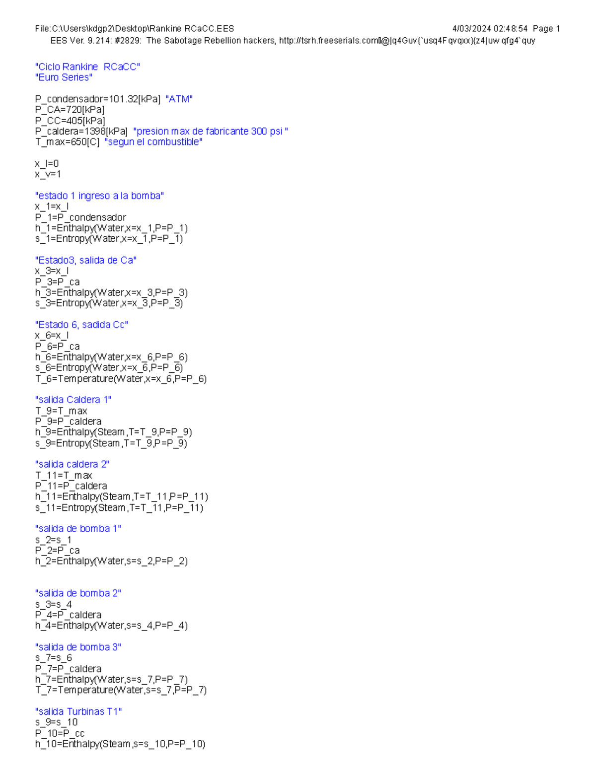 Rankine Provicional - codigo de calderas - EES Ver. 9: #2829: The Sabotage Rebellion hackers ...