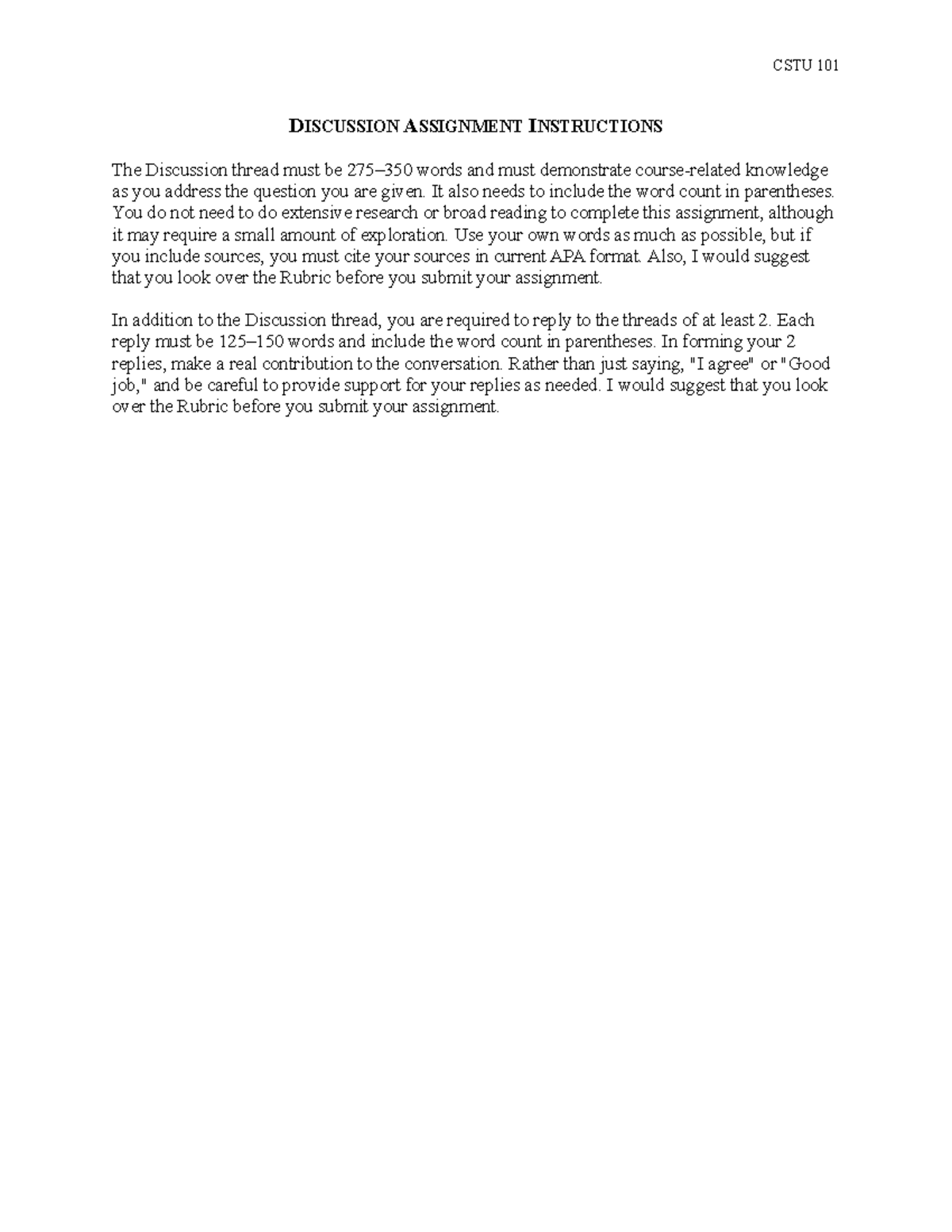 Discussion Assignment Instructions Cstu 101 Discussion Assignment Instructions The Discussion