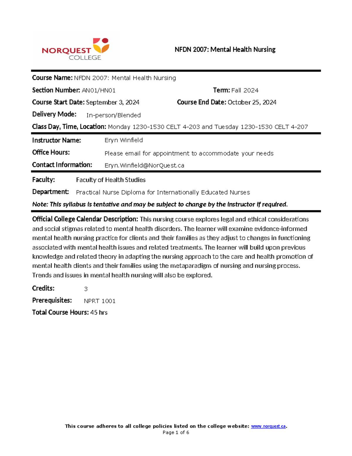 NFDN 2007 Fall 2024 Course Syllabus - NFDN 2007: Mental Health Nursing ...