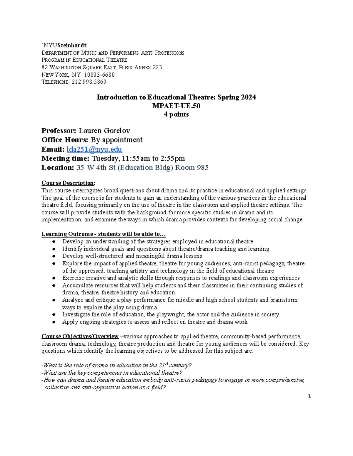 Intro to Ed Theatre syllabus, Spring 2024LG.docx - Copy ...