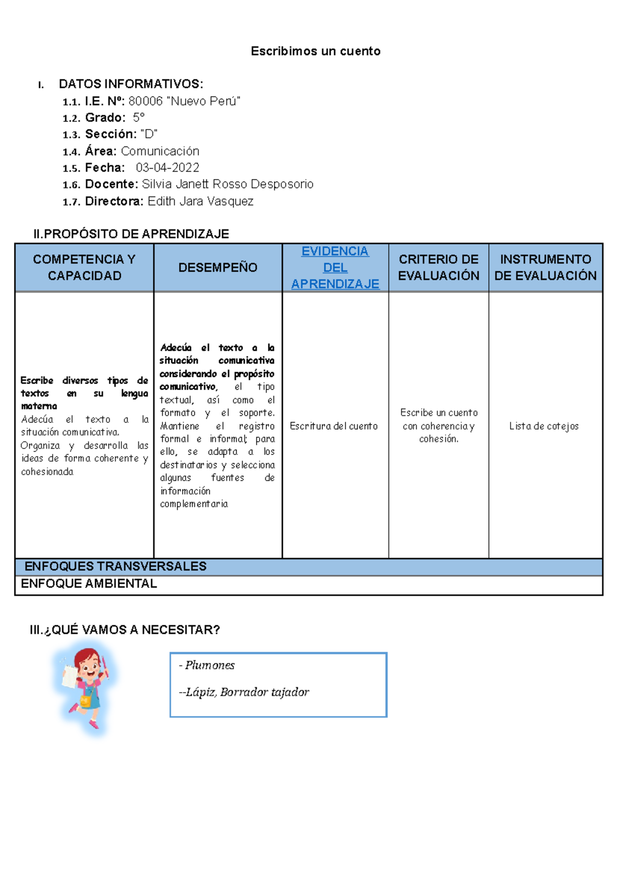 Lunes 03- Sesión- Comun. Escribimos UN Cuento - Escribimos un cuento I. DATOS INFORMATIVOS: 1. I ...