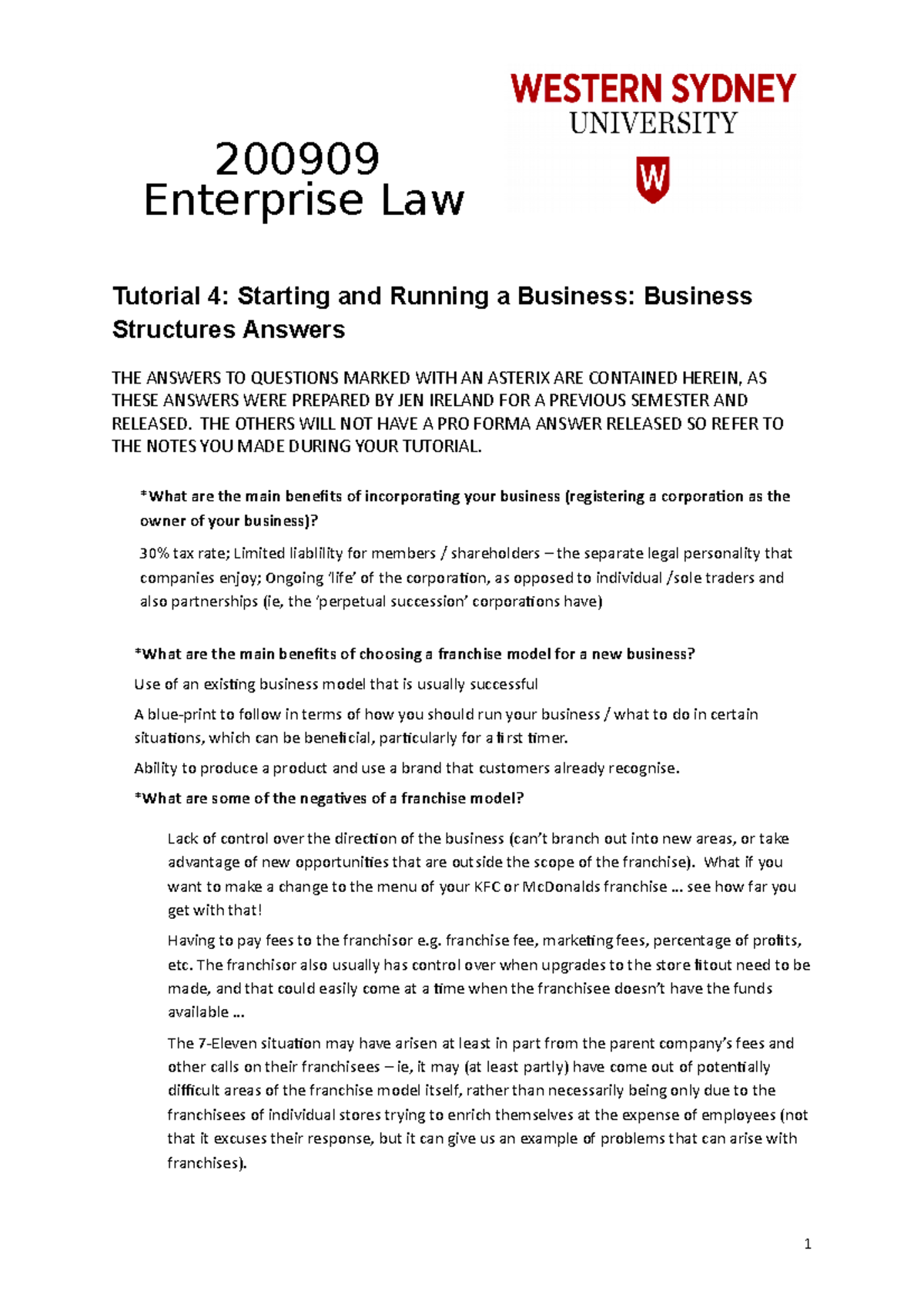 Business Structure problem selected answers - 200909 Enterprise Law ...