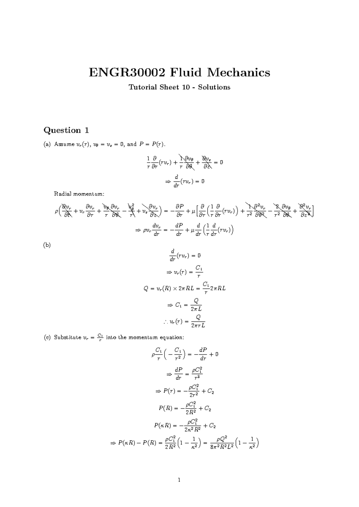 Tutorial+10+Solutions - ENGR30002 Fluid Mechanics Tutorial Sheet 10 ...