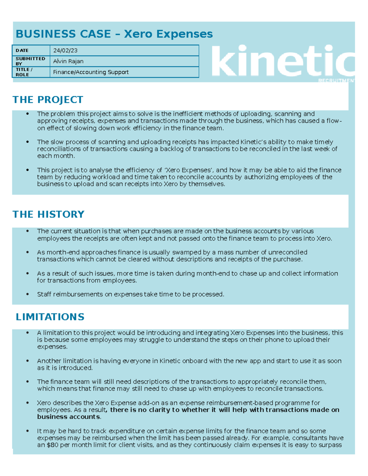 Business CASE - Xero Expense - BUSINESS CASE – Xero Expenses DATE 24/02 ...