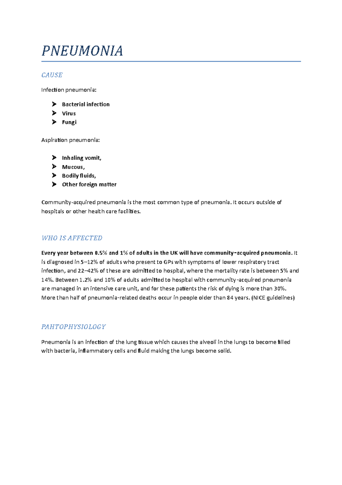 Lecture Notes, Community Acquired Pneumonia - PNEUMONIA CAUSE Infection ...