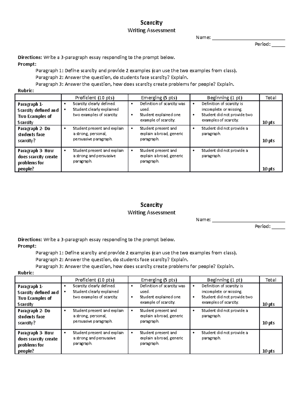Scarcity Writing Assessment - Scarcity Writing Assessment Name