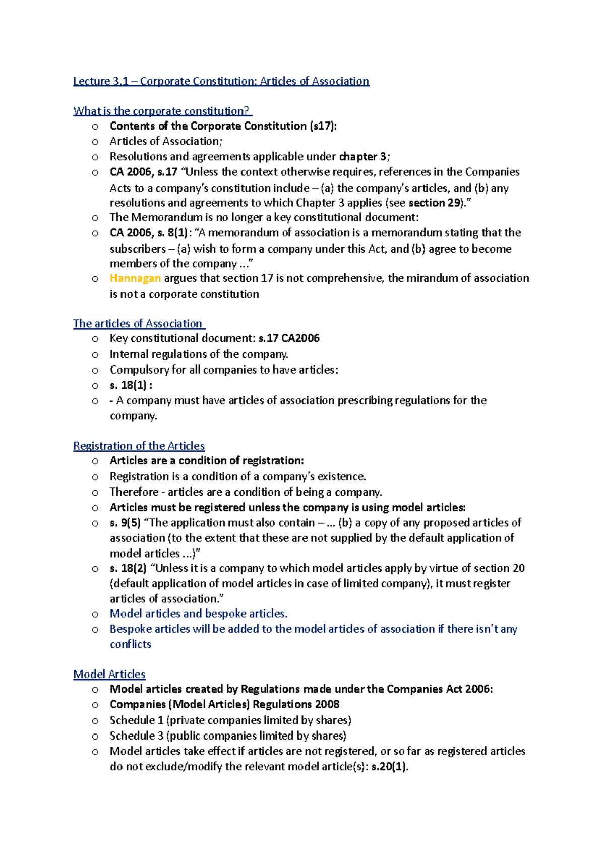 Lecture 3.1 - week 4 - Lecture 3 – Corporate Constitution: Articles of Association What is the ...