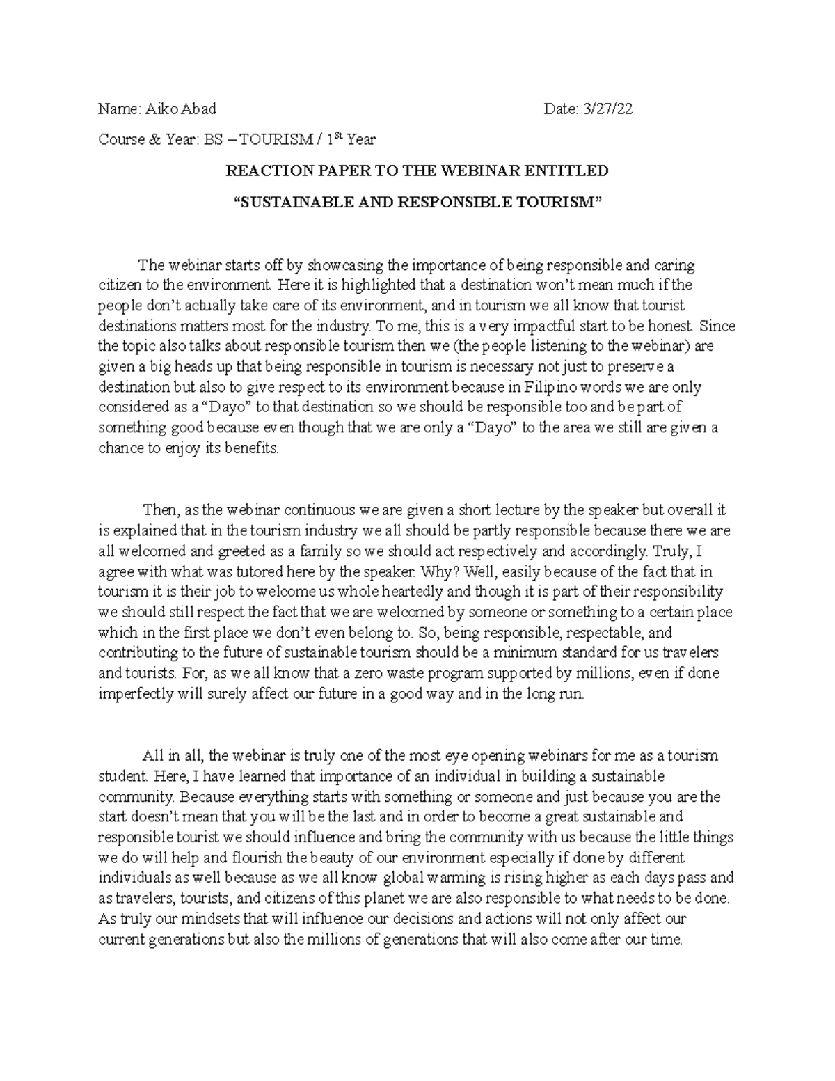 SUSTAINABLE TOURISM WEBINAR REACTION - Name: Aiko Abad Date: 3/27 ...