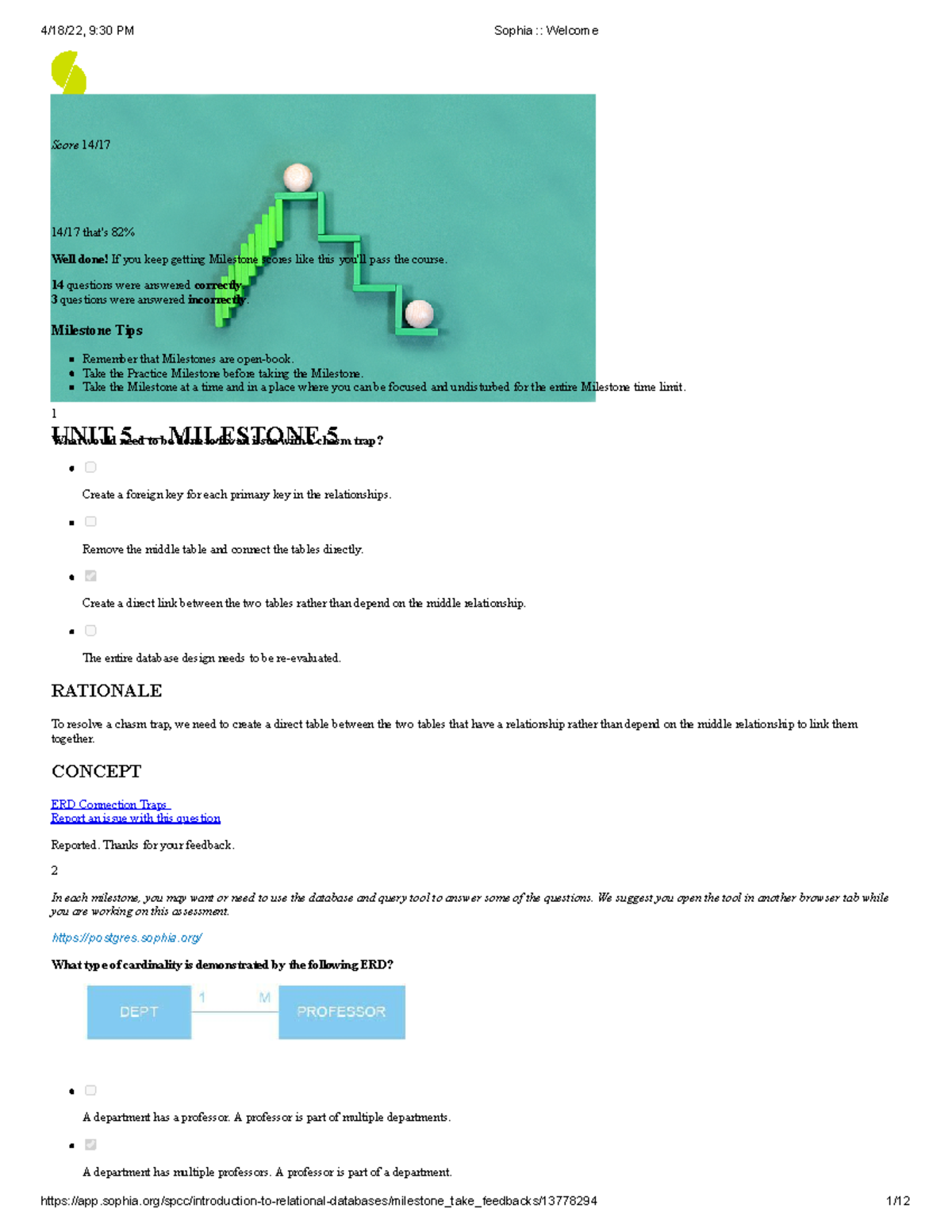 JJ Sophia Relational 5th Milestone - UNIT 5 — MILESTONE 5 Score 14/ 14/17 that's 82% Well done ...