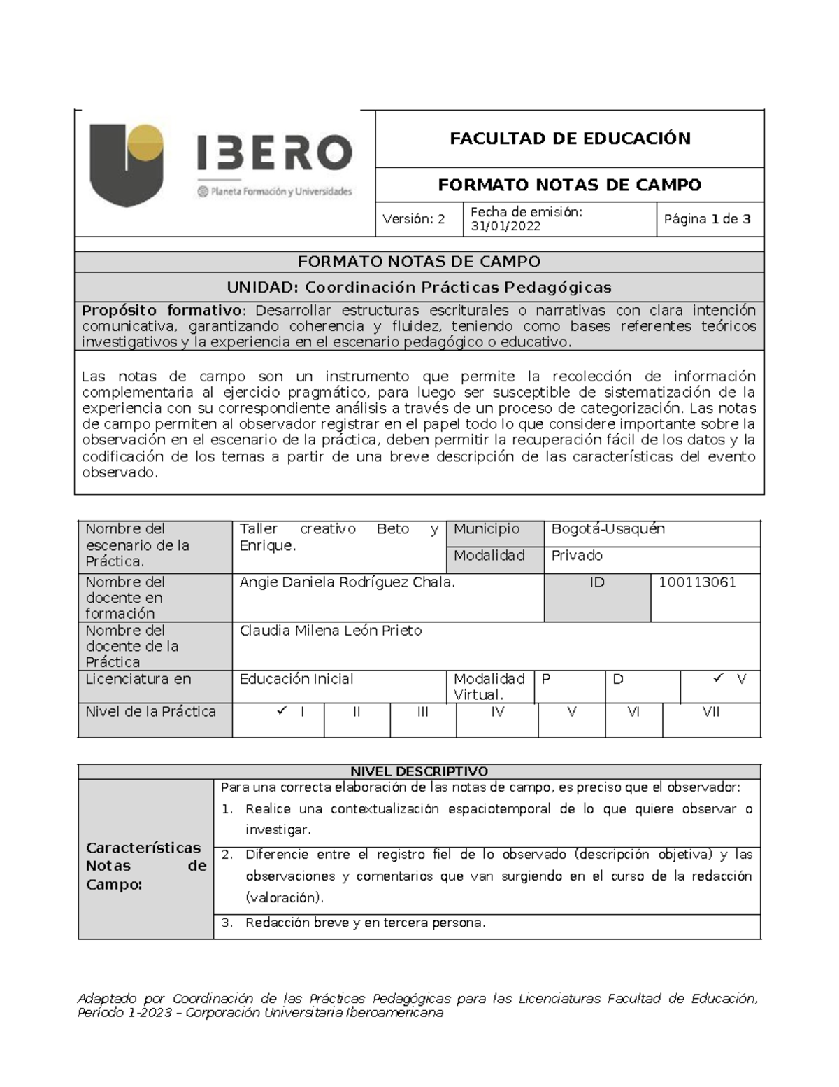 F1 Notas Campo PP1 2023 - ,ll - FACULTAD DE EDUCACIÓN FORMATO NOTAS DE ...