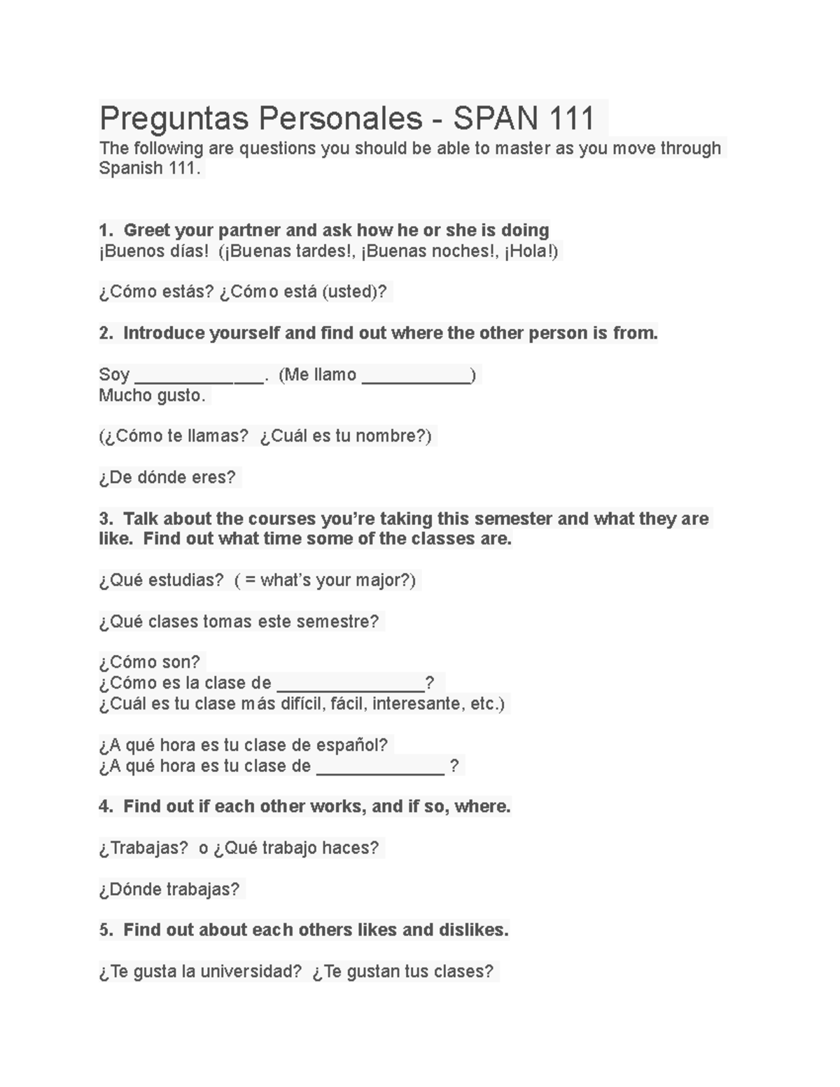 Preguntas Personales - SPAN 111 - Preguntas Personales SPAN The ...