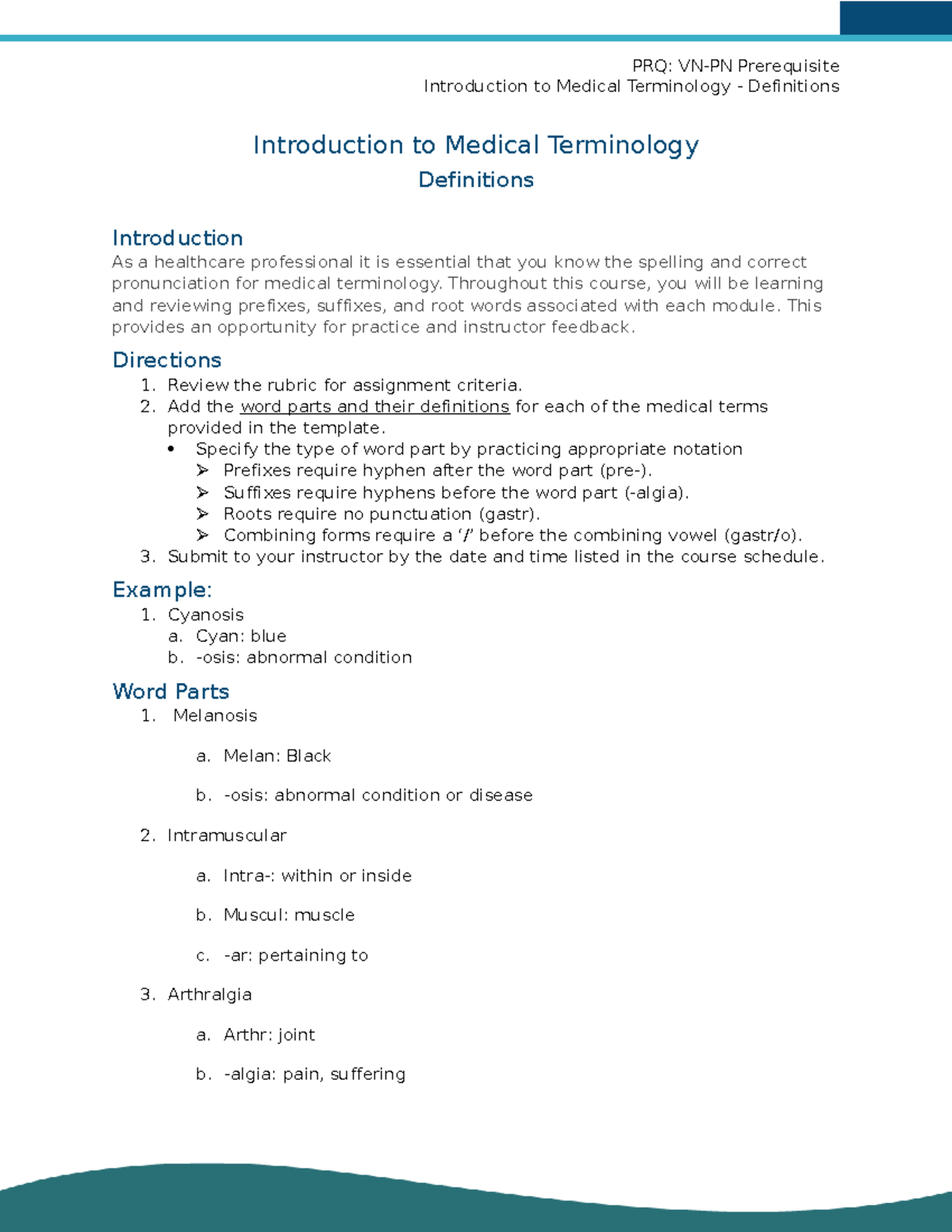Assignment Definitions (Ch. 1 - Introduction to Medical Terminology ...