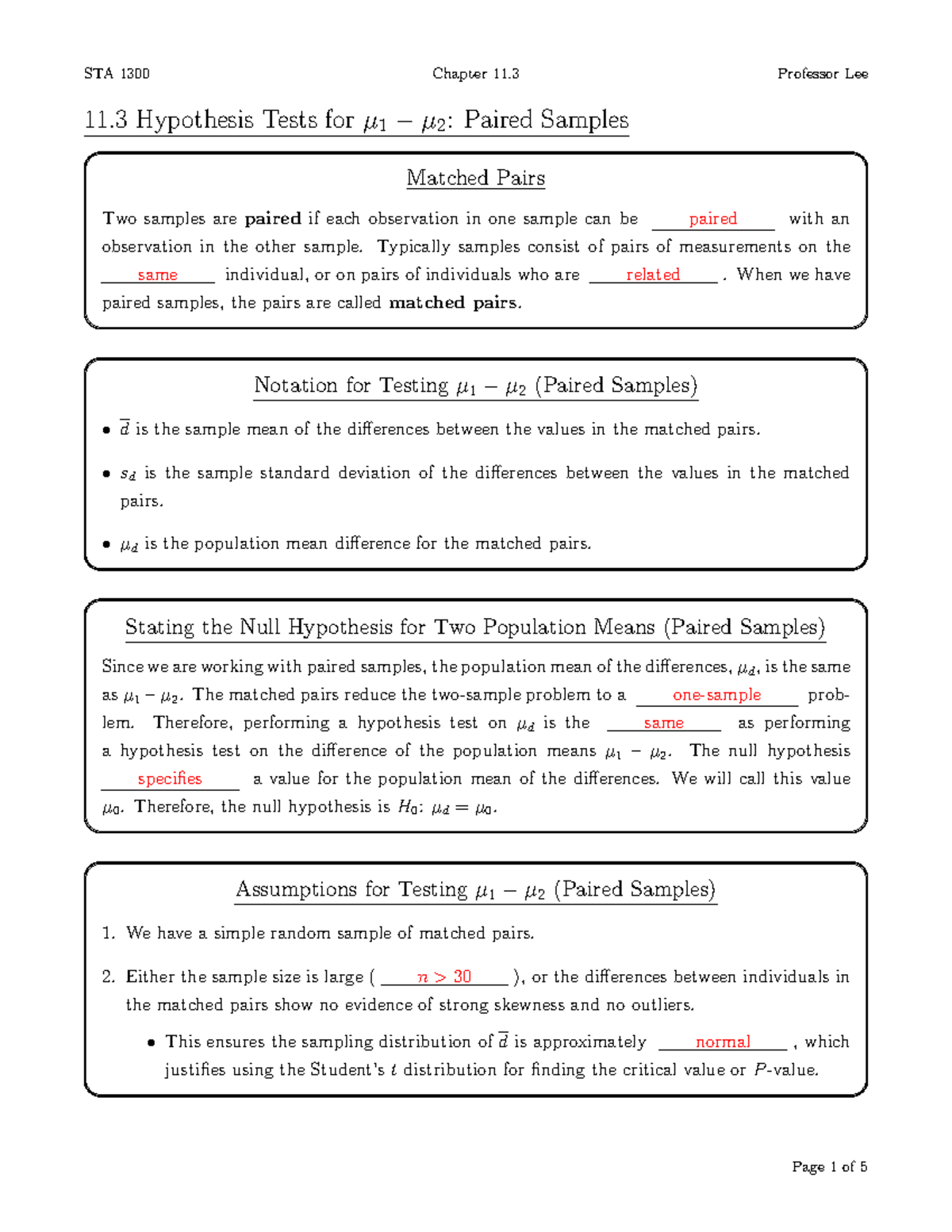 STA 1300 Hypothesis tests for mu 1- mu 2 paired samples - 11 Hypothesis ...