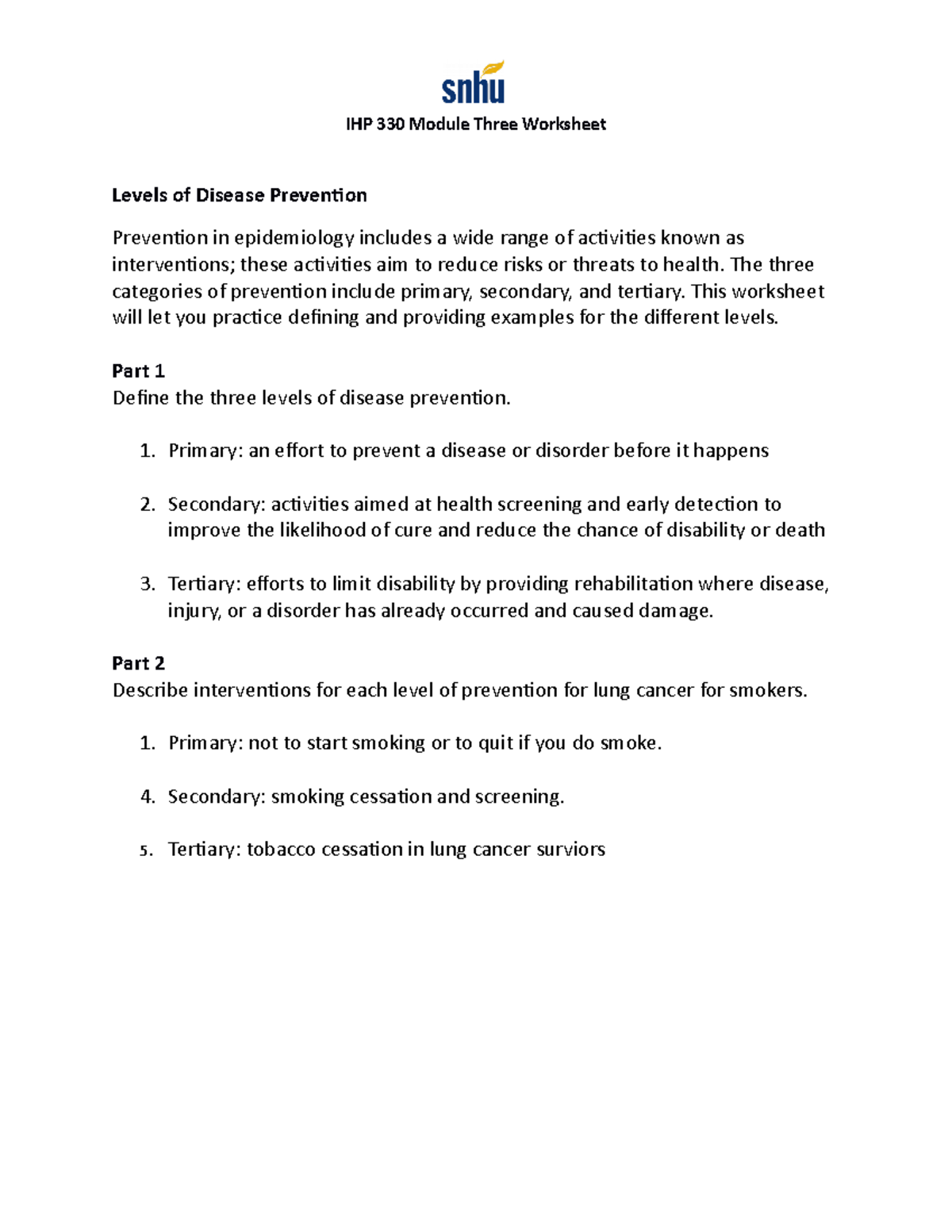 IHP 330 Module Three Worksheet - IHP 330 Module Three Worksheet Levels ...