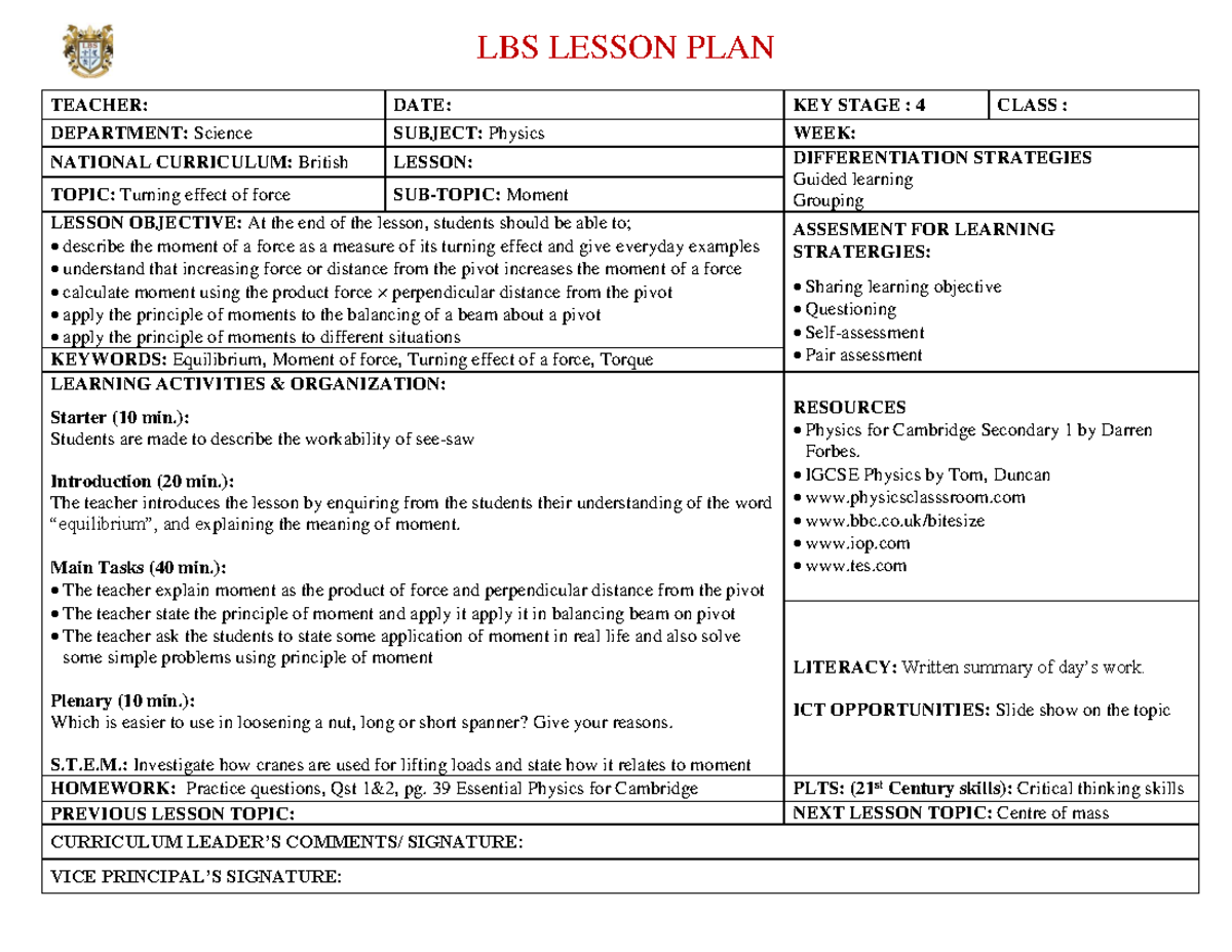 Physics Lesson Plan on Turning effect of a force - LBS LESSON PLAN ...
