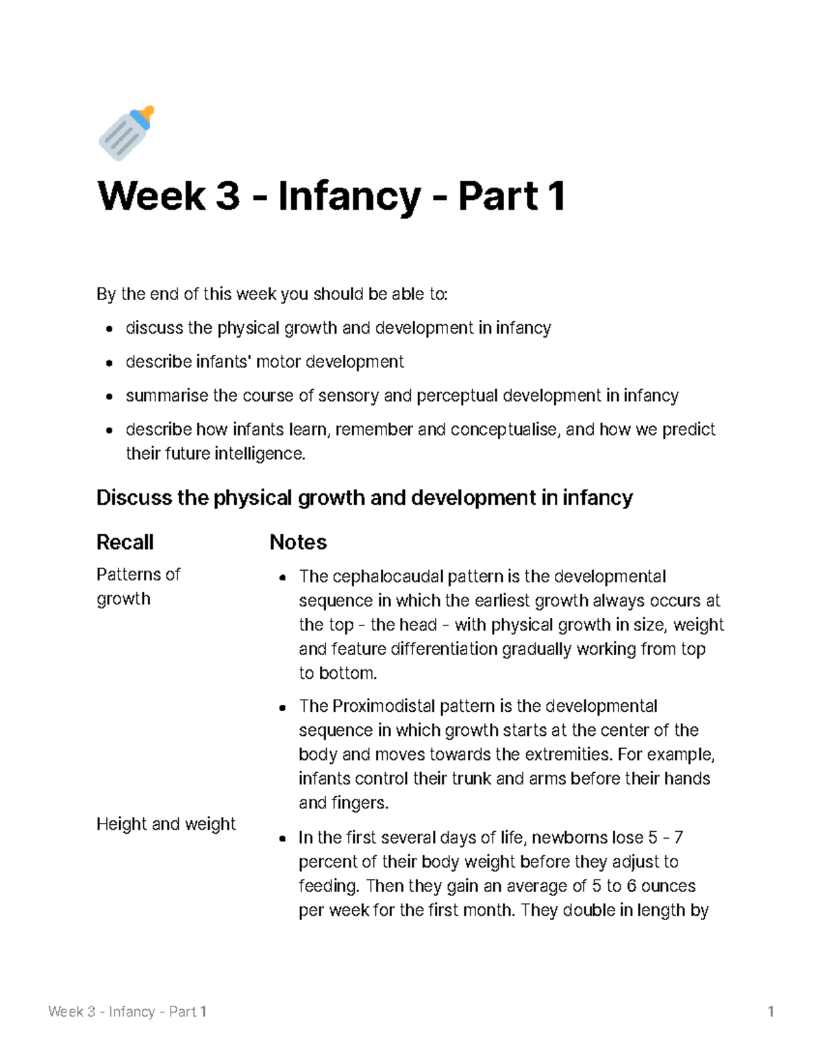 Week 3 - Infancy - Part 1 - Weekly notes on the learning objectives ...