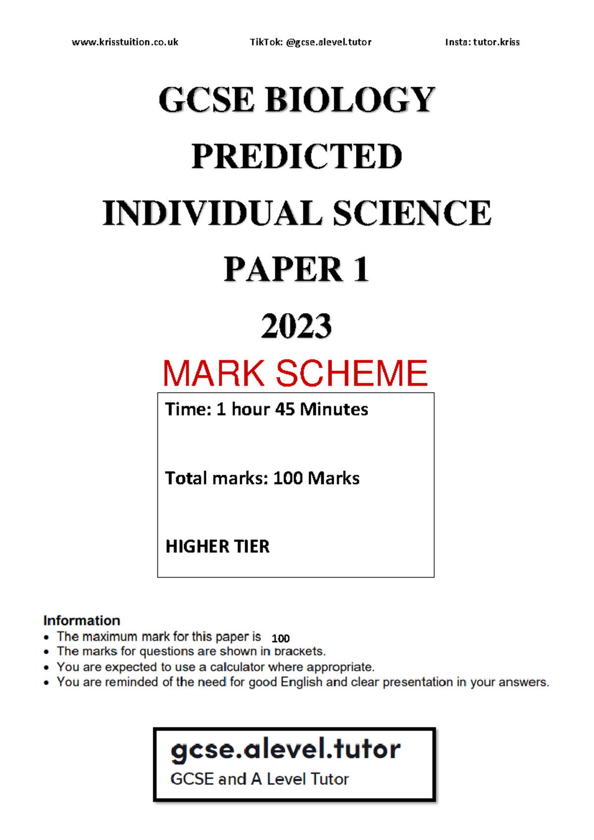 Biology Triple Science 1 MS - GCSE BIOLOGY PREDICTED INDIVIDUAL SCIENCE ...