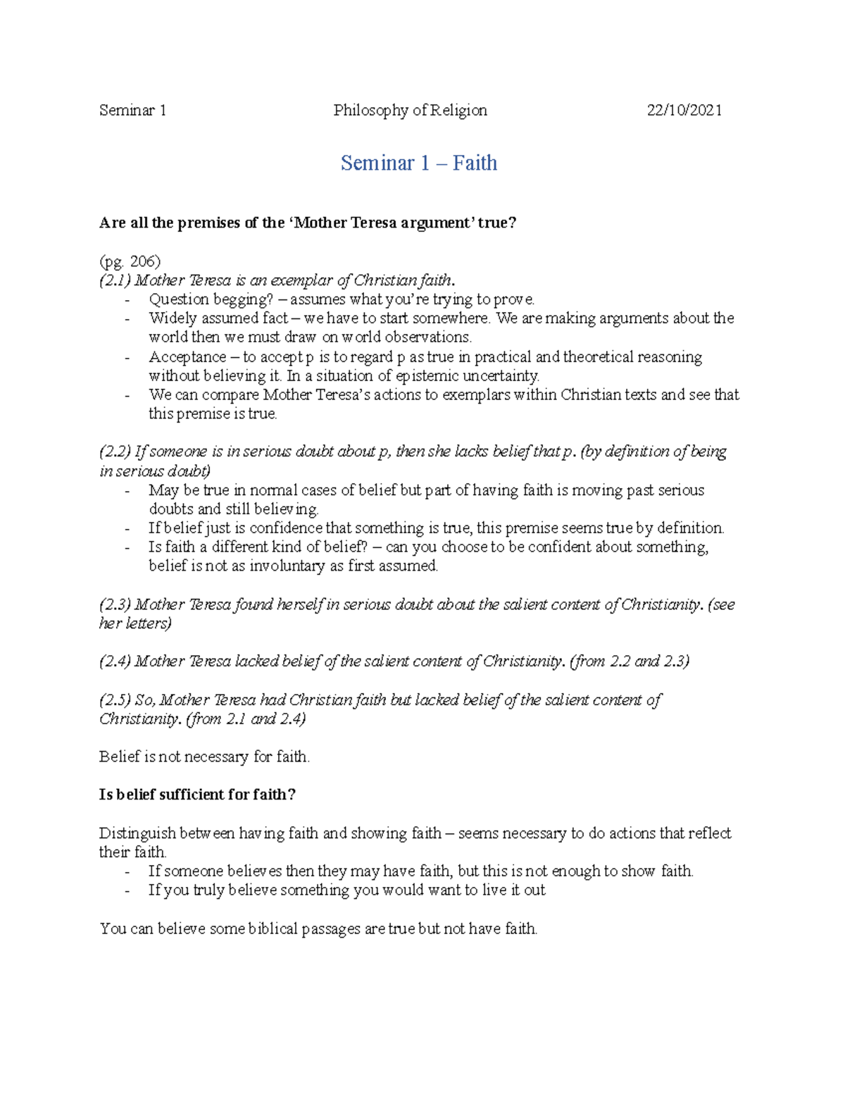 Seminar 1 - Faith - Seminar 1 Philosophy of Religion 22/10/ Seminar 1 ...