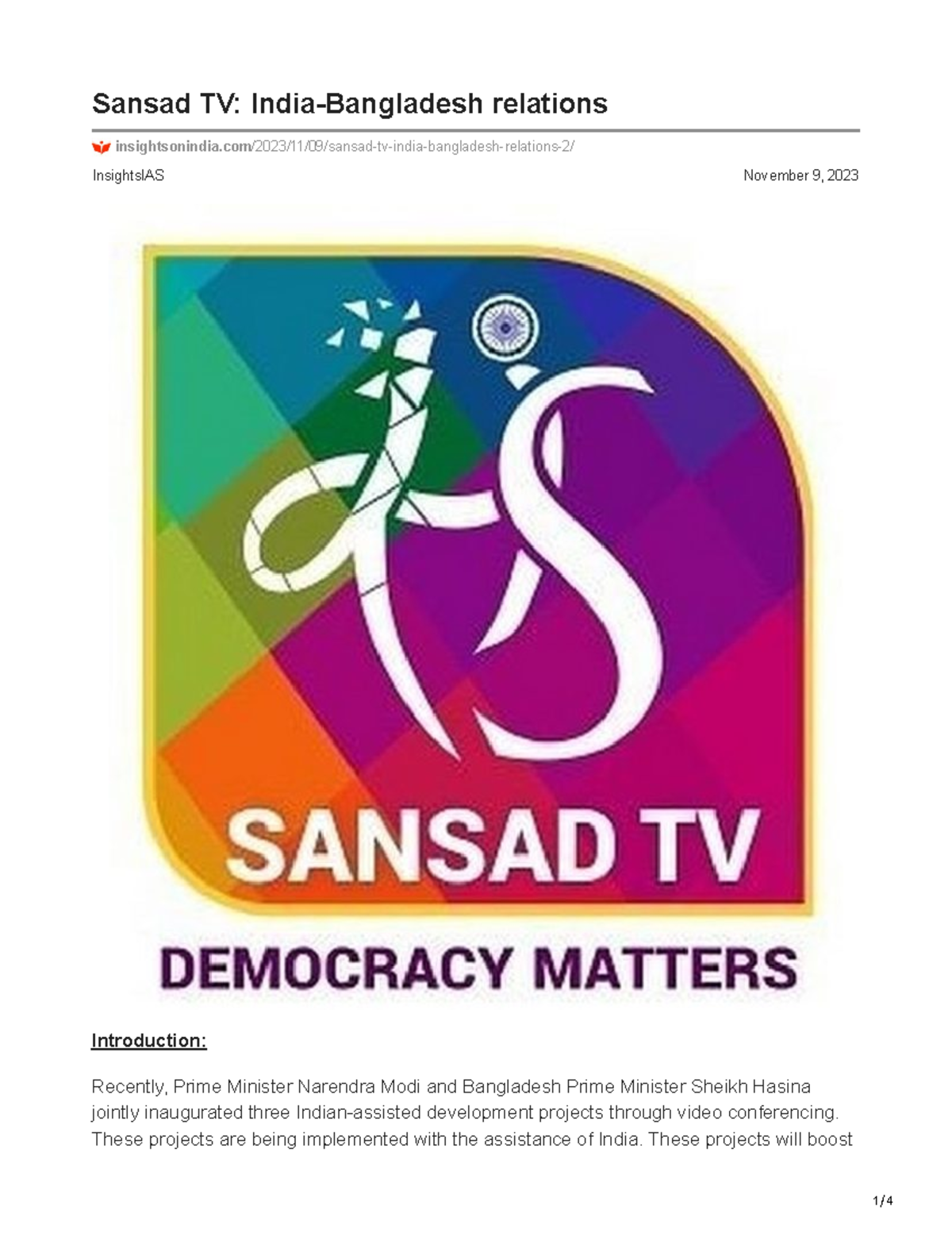 Insightsonindia.com-Sansad TV India-Bangladesh relations - InsightsIAS November 9, 2023 Sansad ...
