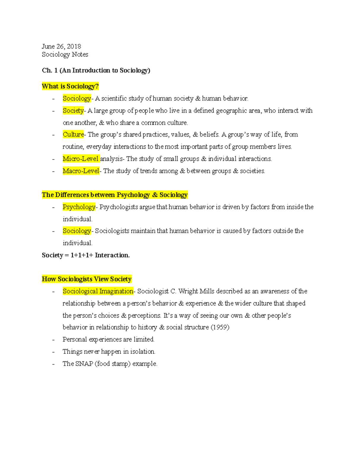 Sociology Notes - June 26, 2018 Sociology Notes Ch. 1 (An Introduction ...