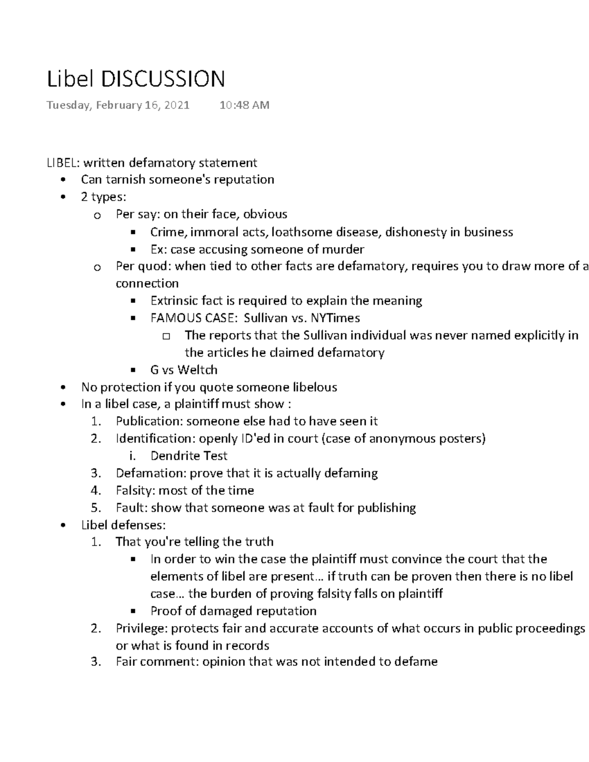 Libel Discussion Section Notes - LIBEL: written defamatory statement ...