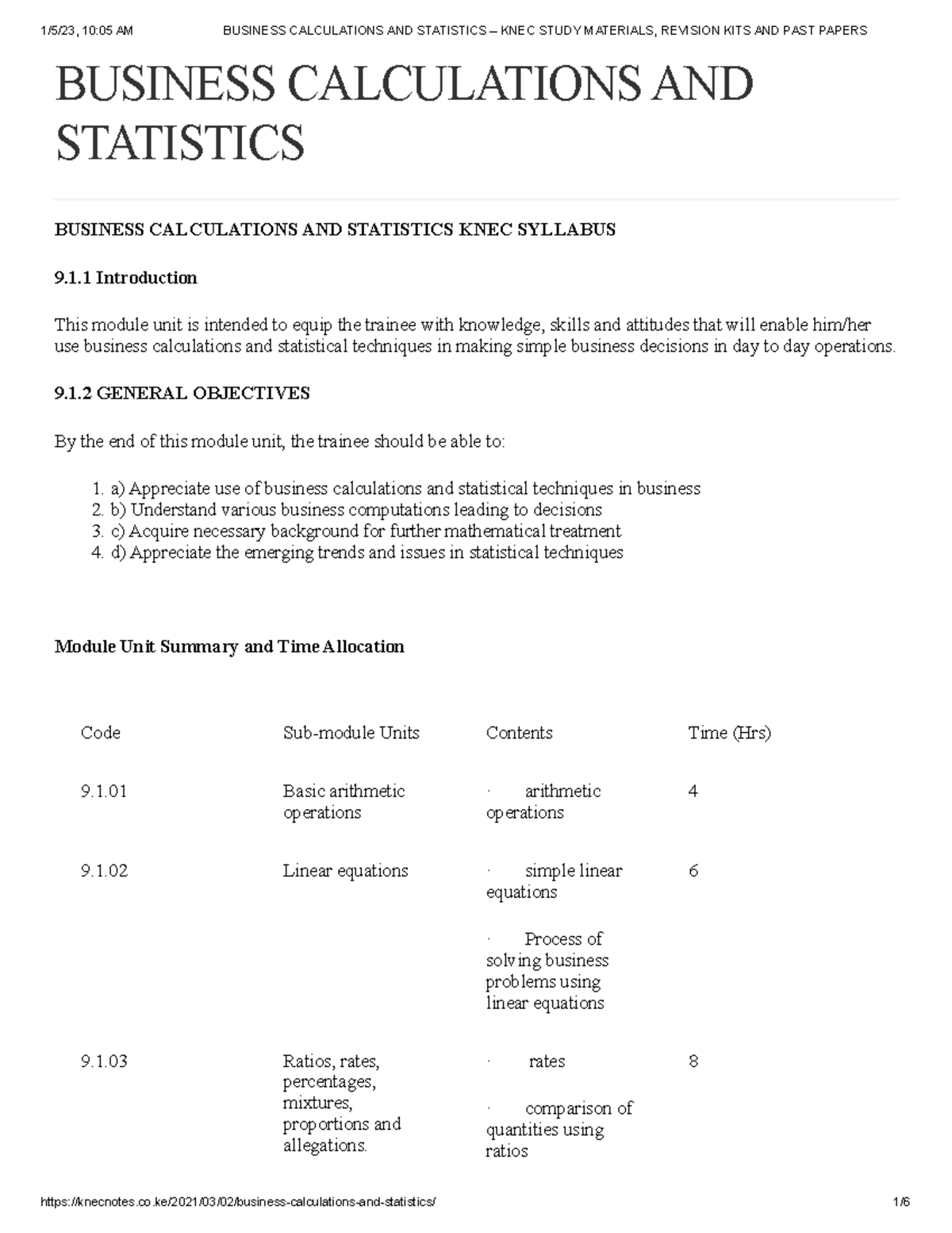 Business Calculations AND Statistics – KNEC Study Materials, Revision ...