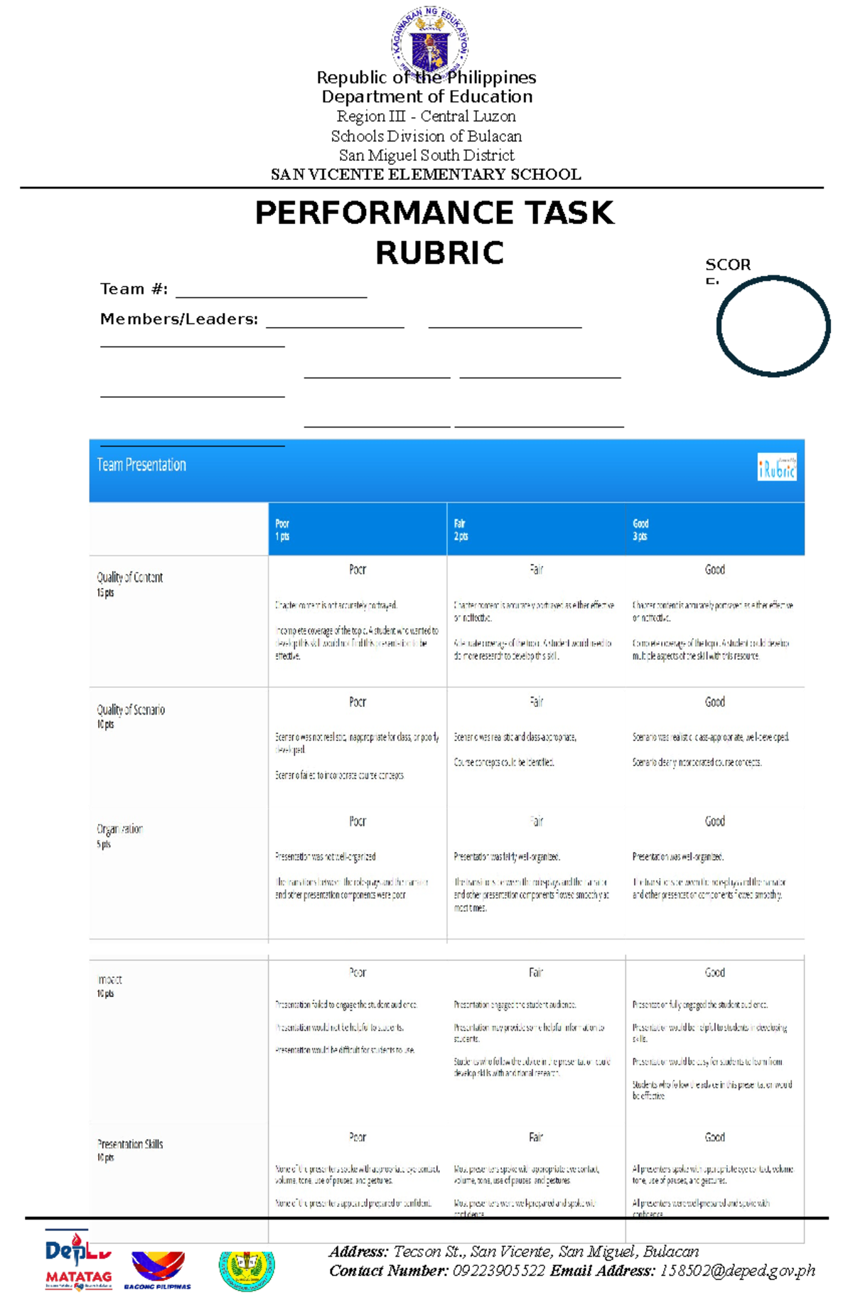 Rubrics Grade 6 TASK 1 - Rubricks - Address: Tecson St., San Vicente ...