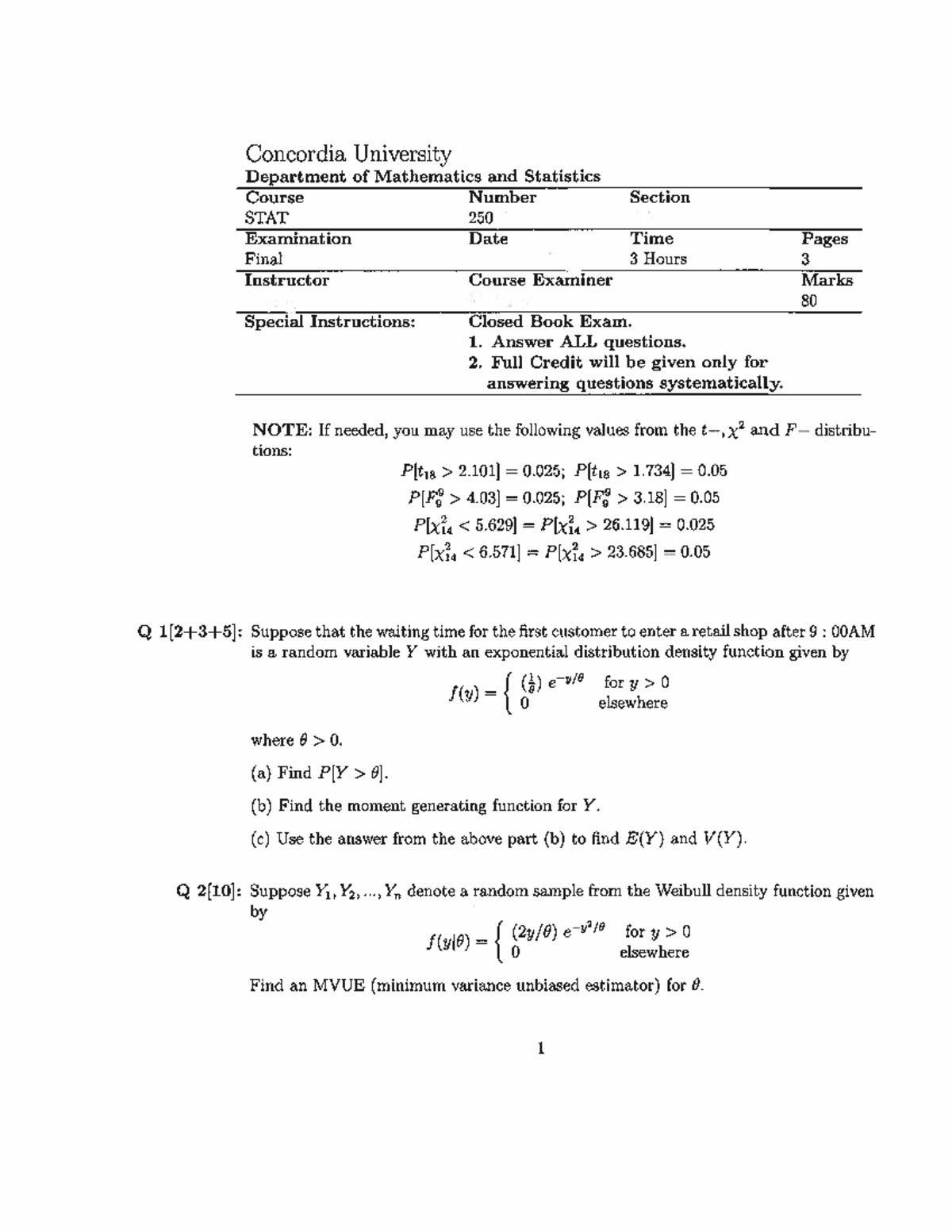 Sample Final - STAT 250 - Studocu