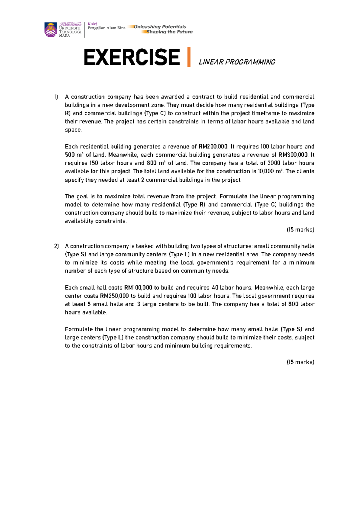 Linear Programming 20244 - EXERCISE | LINEAR PROGRAMMING A construction ...