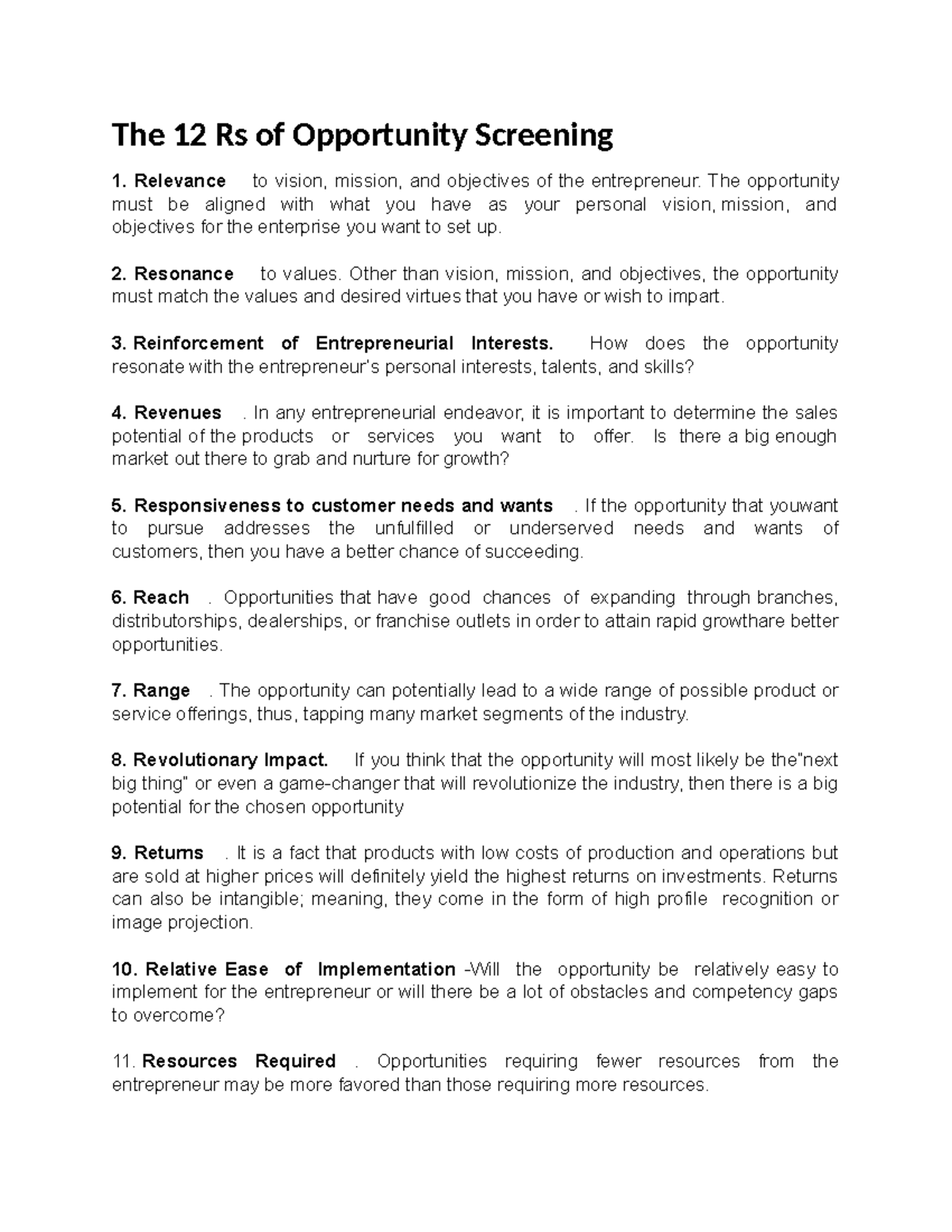 The 12 Rs of Opportunity Screening - Relevance to vision, mission, and ...