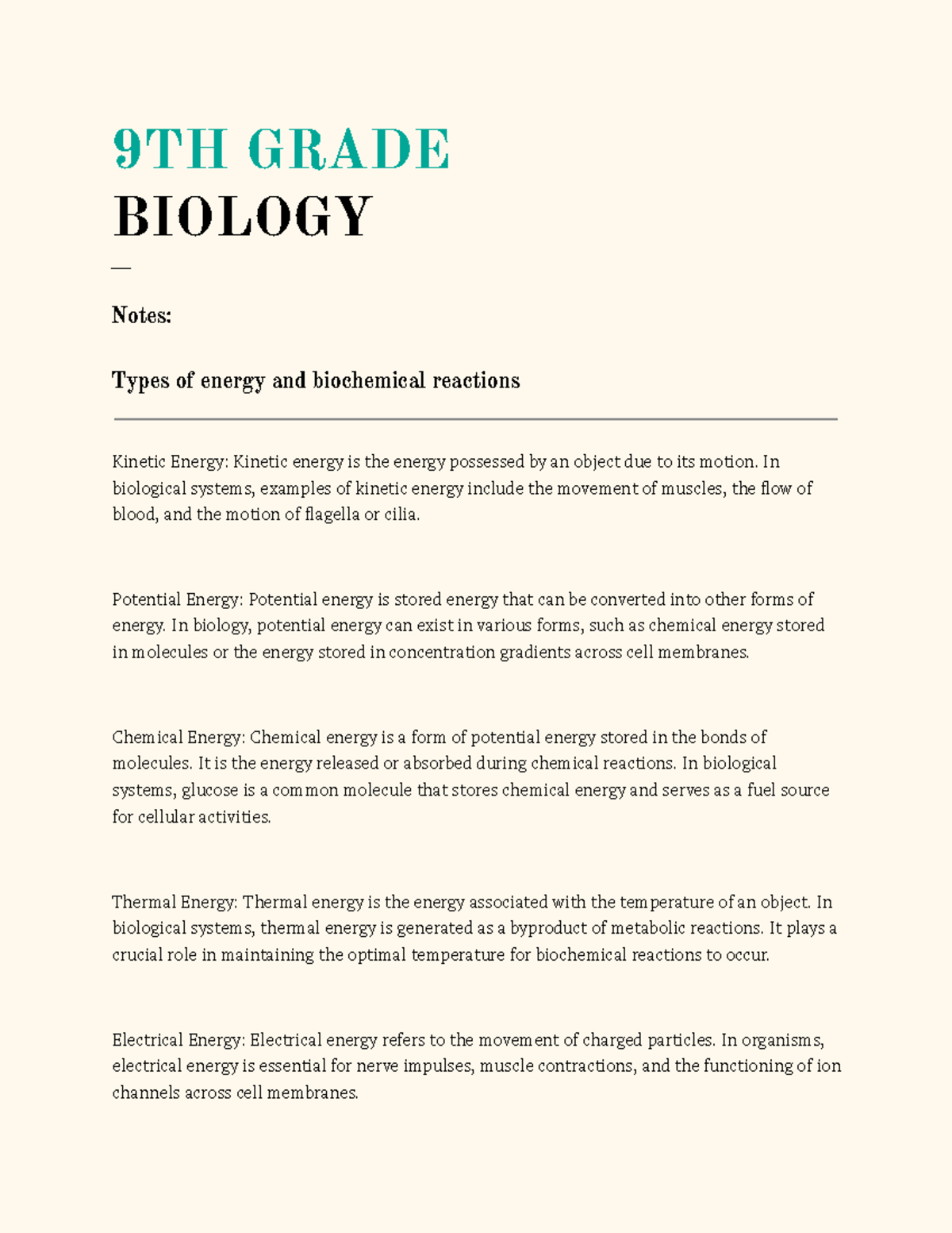 Types of energy and biochemical reactions - 9TH GRADE BIOLOGY ___ Notes ...