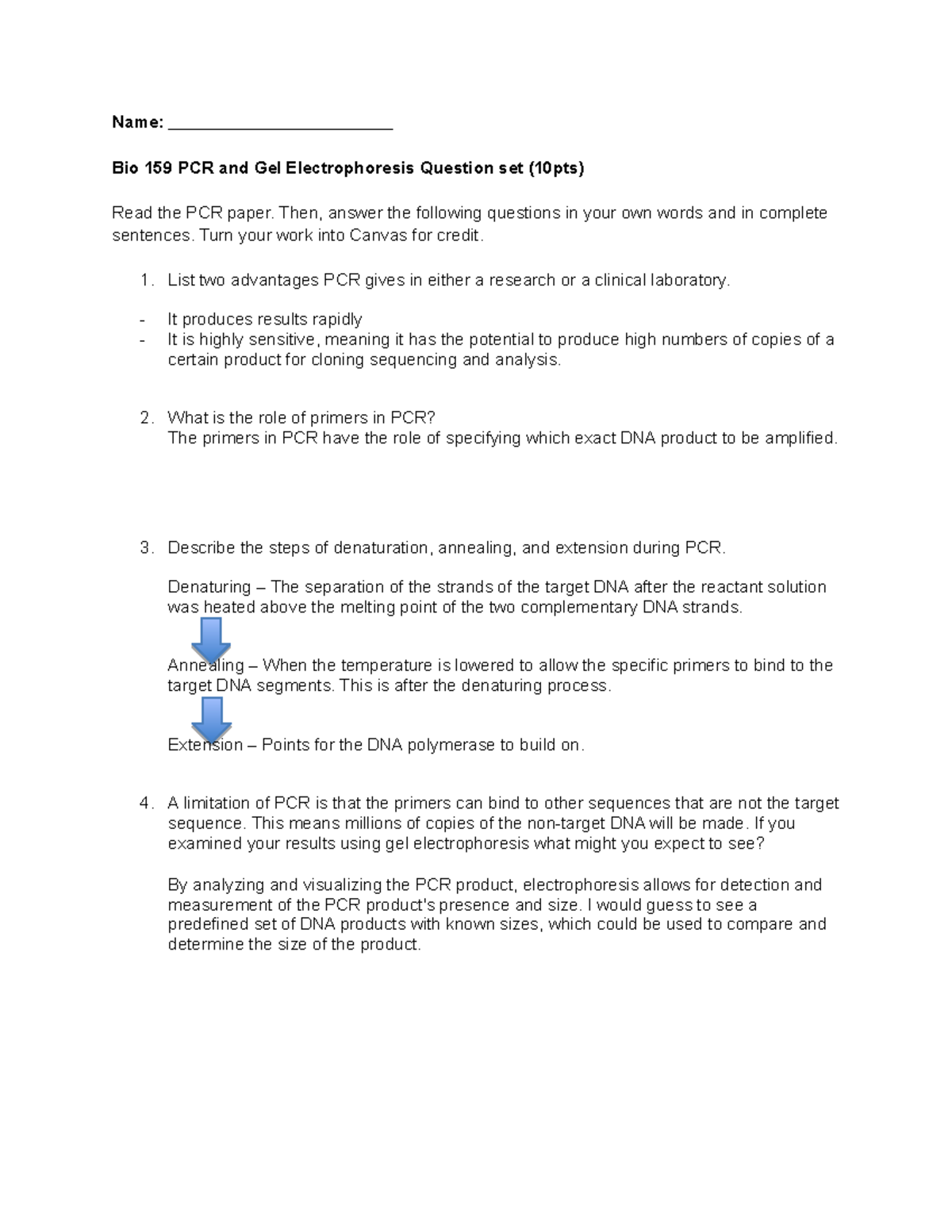 PCR AND GEL Assignment - Name: Bio 159 PCR and Gel Electrophoresis ...
