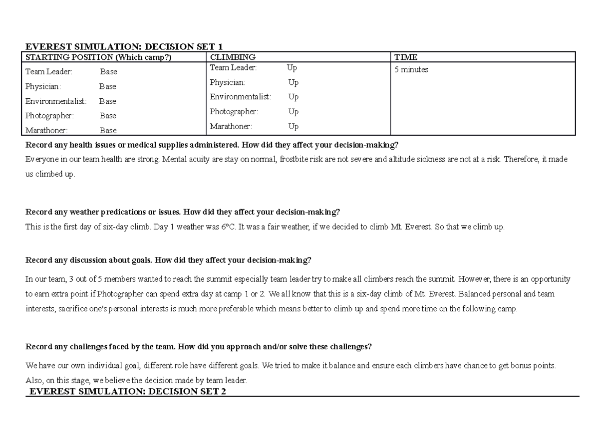 MGTS1301 1 - Simulation - EVEREST SIMULATION: DECISION SET 1 STARTING POSITION (Which camp ...