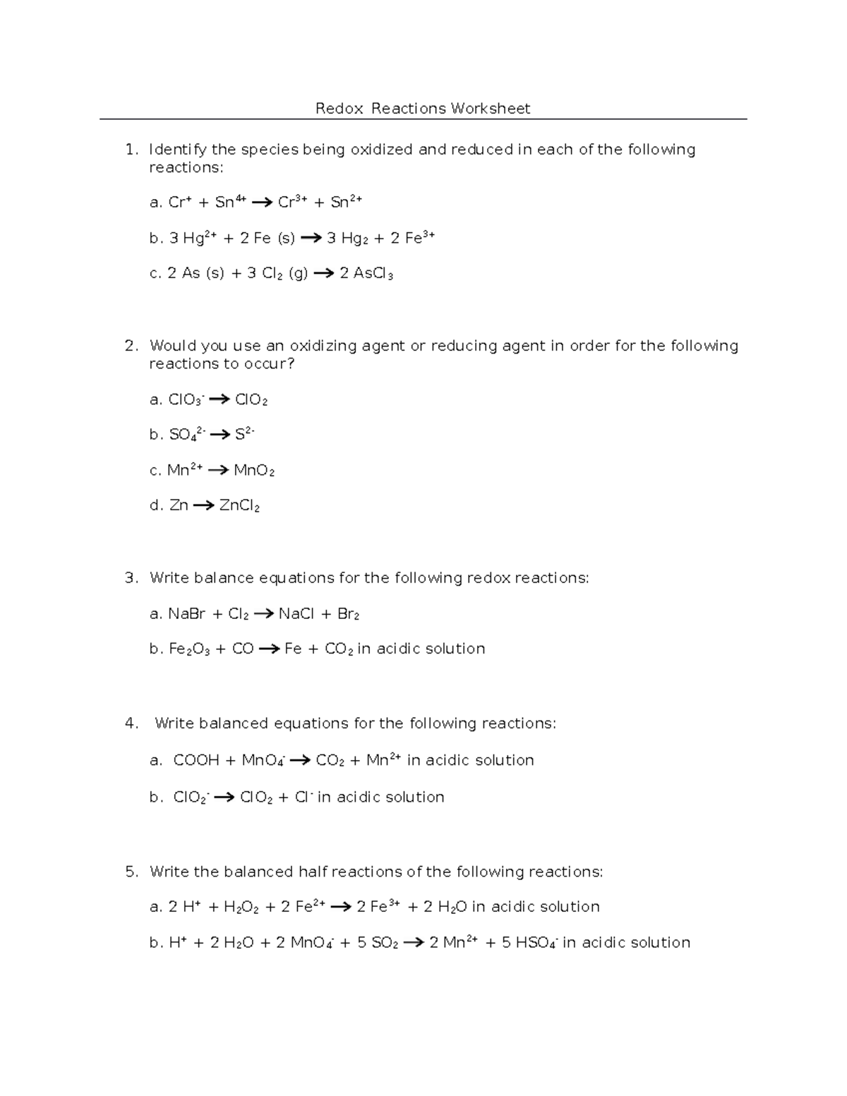 Redox Reactions Worksheet - Redox Reactions Worksheet Identify the ...