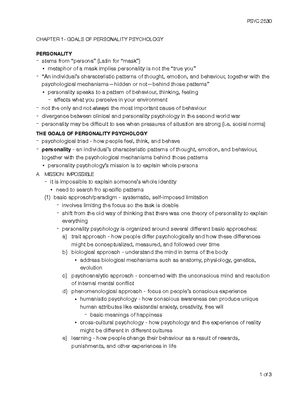 Chapter 1 - Personality Psychology PDF - PSYC 2530 CHAPTER 1- GOALS OF ...